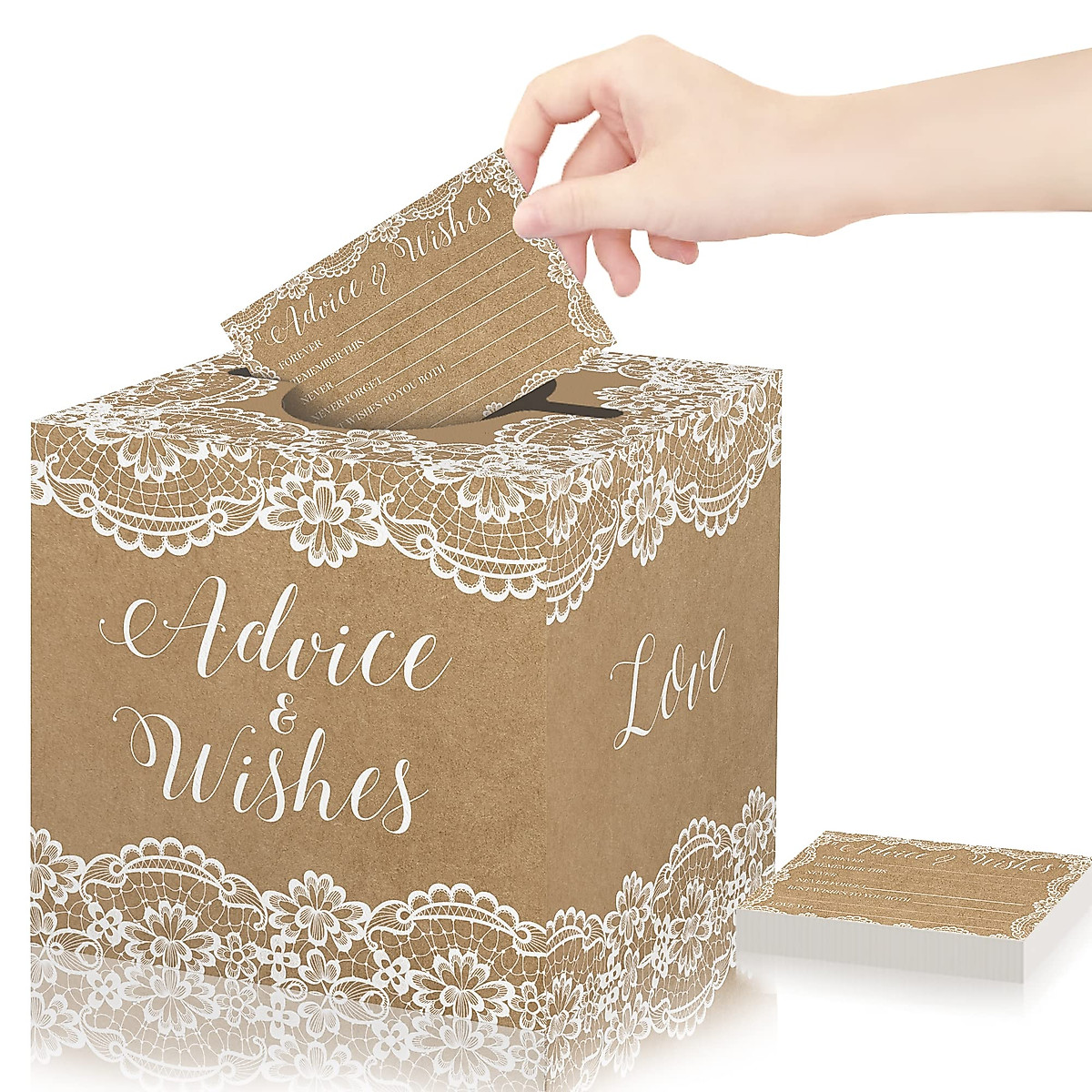 Advice and Wishes Box for Bridal Shower, Newlyweds Advice Box with Cards, 50 Pieces Advice Cards with Holder Box for Bridal Shower, Meaningful Wedding Party Activit- Lace-23