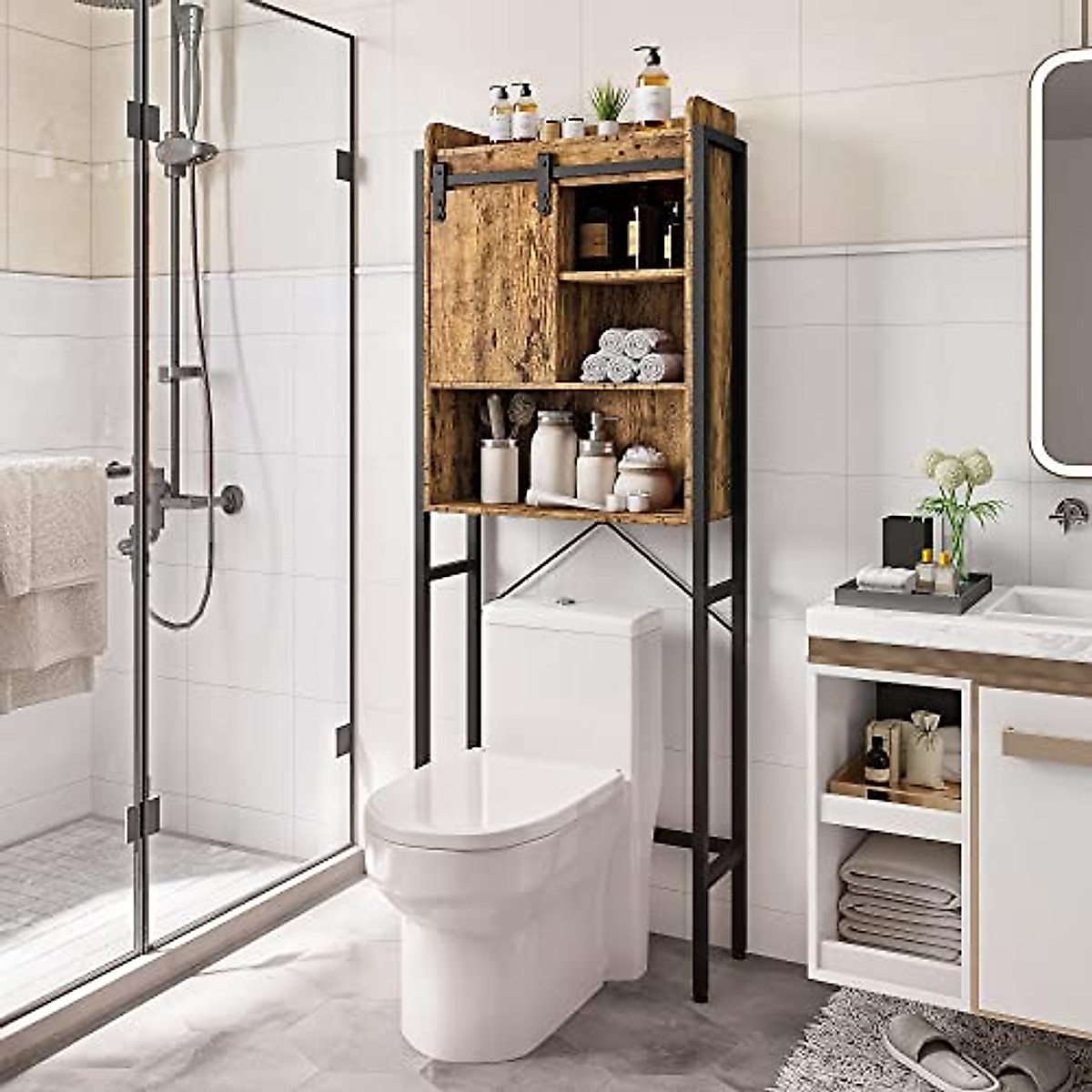Yaheetech Over The Toilet Storage Cabinet with Sliding Door, Bathroom Oragnizer Shelf Over Toilet, Stable Freestanding Space Saving Toilet Stands with Adjustable Shelves for Bathroom, Rustic Brown