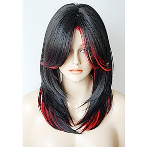 Medium Length Layered Wigs Black with Red Highlights wigs Layered wig with bangs Synthetic wig Highlight for white Women (Black with red)