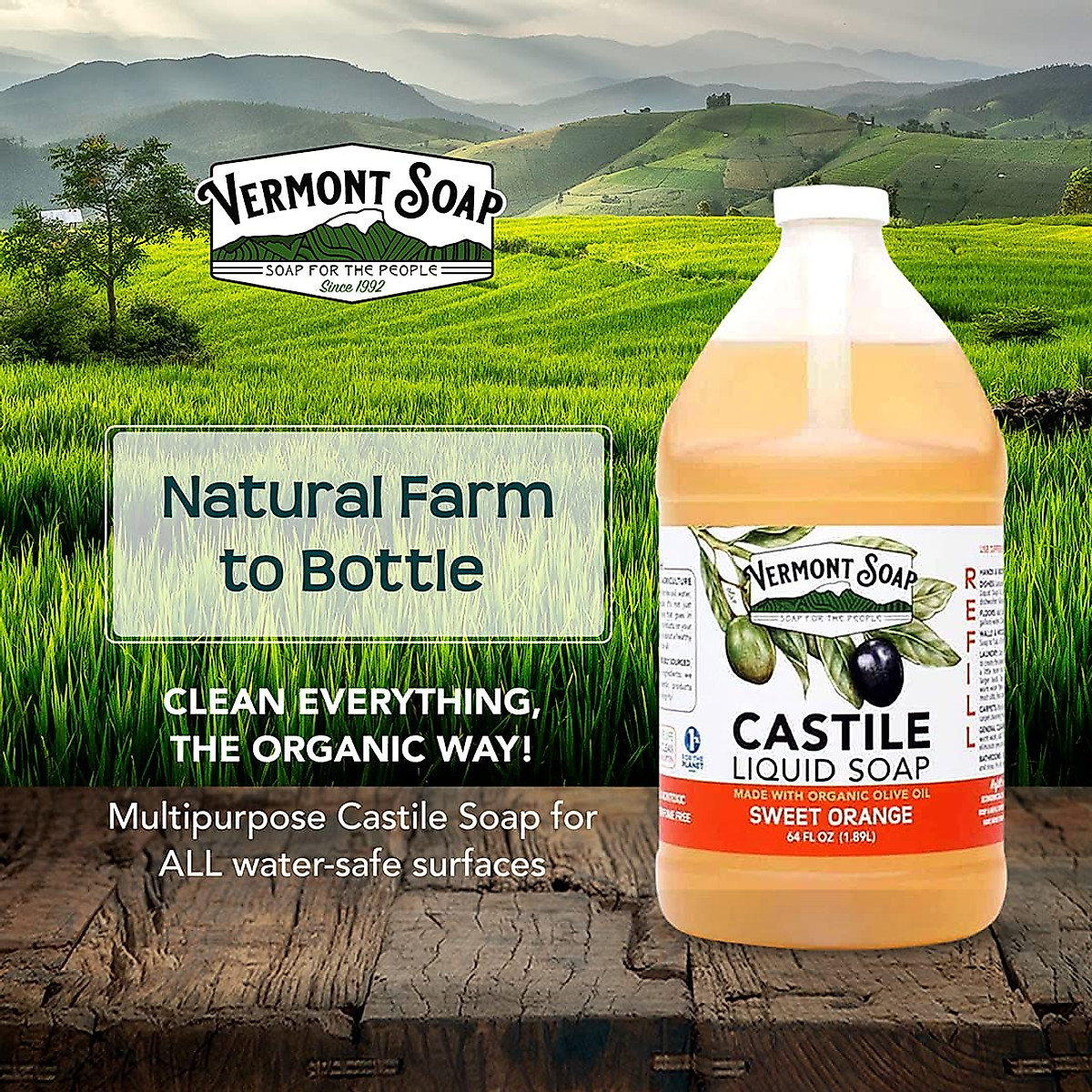 Vermont Pure Castile Soap Orange, Gentle Liquid Soap for Sensitive Skin & Natural Body Wash, Organic Hair Shampoo for Oily Hair, Aloe Castile Soap for Men & Women - 64 Oz