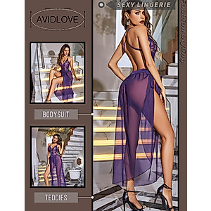 Avidlove Sexy Lingerie for Women Lace Long Dress Deep V Bodysuit Teddy with Skirt Purple Medium