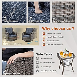 Gardenbee Outdoor Swivel Rocker Chair, High Back Swivel Patio Chairs Wicker Furniture, 1PC Rattan Swivel Rocking Chair with OIefin Cushions, Herringbone Navy