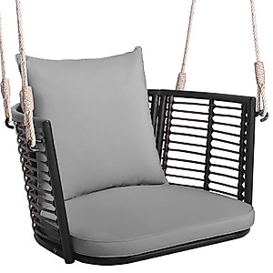 Tangkula Outdoor Metal Porch Swing, Single Person Hanging Seat w/Woven Rattan Backrest, 2 Sturdy Hanging Ropes, Seat & Back Cushions Included, Heavy-Duty Swing Chair for Front Porch, Backyard (Grey)
