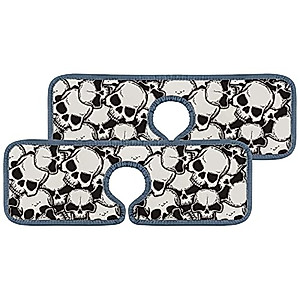 Kitchen Faucet Mats 2 Pieces Black White Skulls Faucet Sink Splash Guard Bathroom Counter and RV,Absorbent Faucet Counter Sink Water Stains Preventer