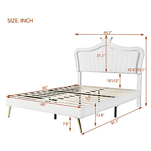 CITYLIGHT Queen Size Upholstered Princess Bed with Crown Headboard, Wood Cute Kids Bed Frame Queen with LED Lights and Metal Legs for Girls, No Box Spring Required (Queen,White)