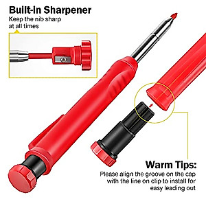 Hiboom 3 Pack Solid Carpenter Pencil with 21 Refill, Long Nosed Deep Hole Mechanical Pencil Marker with Built in Sharpener for Carpenter Fathers Day Gift (Yellow, Red, Black Cover)