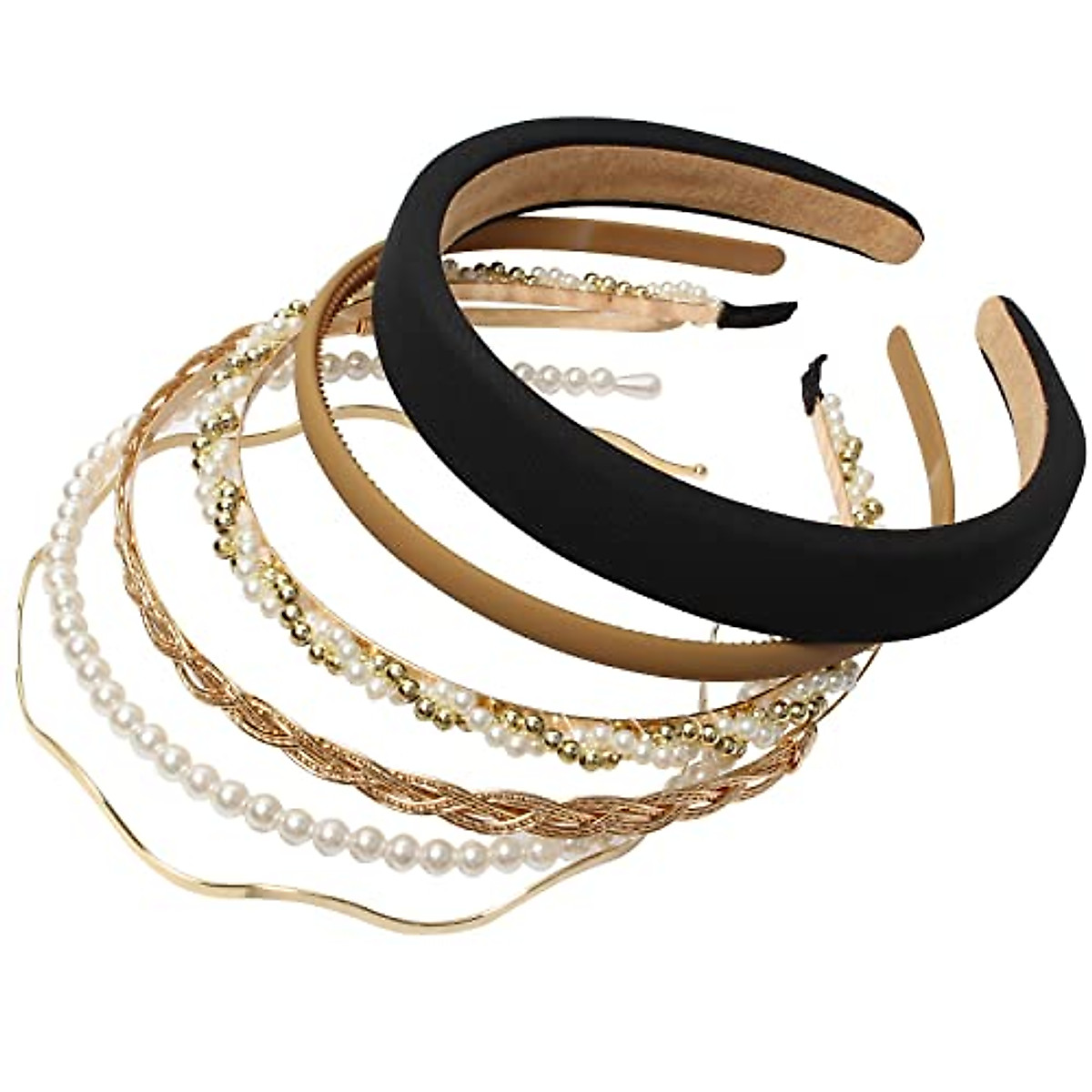 naibirdr 6PCS Different Designs Headbands for Women Gold Metal Hairband,Cute Pearl Headbands for Girls,Twisted Head Band,Black Solid Headbands Set…