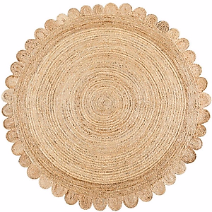 Arise Export Natural Round Jute Jute Area Rug, Floor Scalloped Edge Rug Braided Boho Eco Large Circular Handmade Area Rug, Natural (3x3 Ft Round Rug)