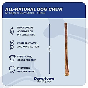 Downtown Pet Supply 12 inch 4 Pack of Bully Sticks for Medium Dogs & Large Dogs, Single Ingredient, Rawhide-Free Long Lasting Bully Sticks for Large Dogs- No Hide Bullsticks for Bully Stick Holder