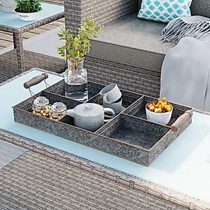 HOMPUS Galvanized Metal Storage Tray with Dividers Rustal Farmhouse Desk Organizer with Handle, Decorative Silverware Drawer Caddy with 5 Compartments for Home, Kitchen, Living Room or Office