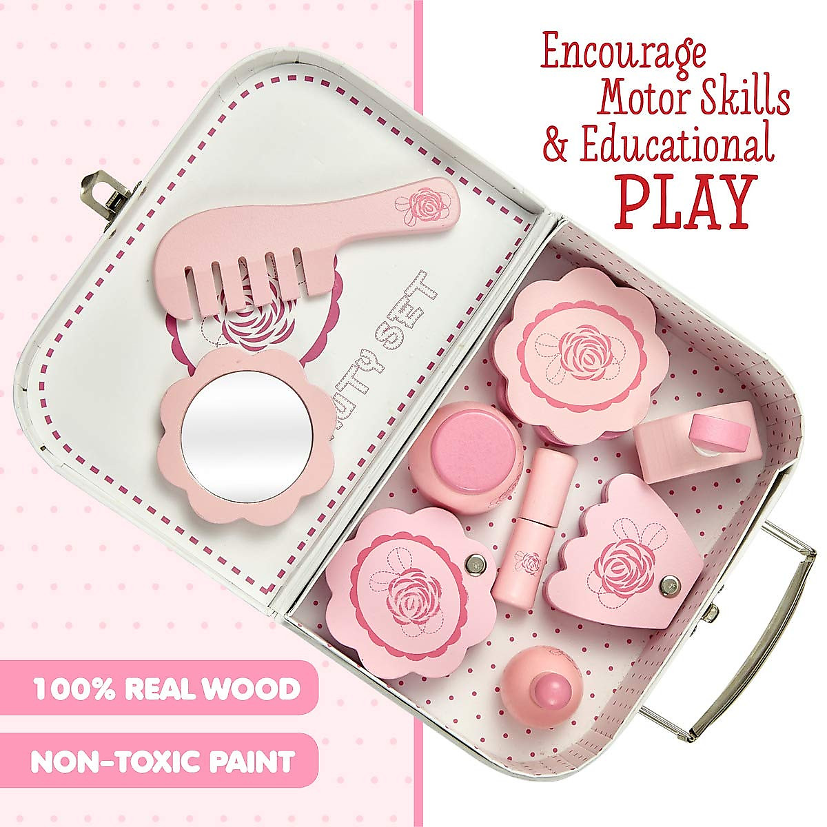 Dragon Drew Wooden Toy Beauty Set – 10 Piece Kit - Girls Salon Set with Makeup, Brush, Mirror and Cosmetics Case - 100% Natural Wood, Nontoxic Paint, Smooth Edges