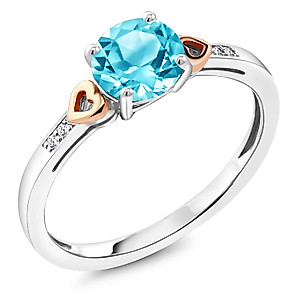 Gem Stone King 925 Sterling Silver and 10K Rose Gold Round Swiss Blue Topaz with Diamond Accent Engagement Ring For Women (1.41 Cttw, Gemstone Birthstone, Available In Size 5, 6, 7, 8, 9)