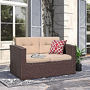 Super Patio Outdoor Wicker Loveseat Patio Furniture, Rattan Corner Sofa Chair with Beige Cushions, Additional Seats for Sectional Sofa Set, Porch and Poolside, Espresso Brown