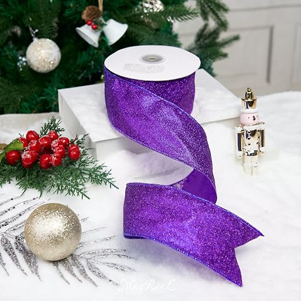 MAYREEL 2.5 Inch Purple Ribbon Wired Glitter for Halloween Christmas Decorations Gift Wrapping Wreath Supplies Tree Toppers Garland Crafts 10 Yards