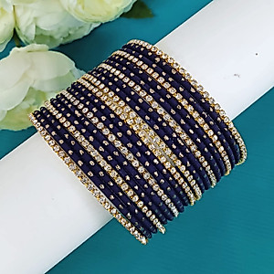 Efulgenz Indian Bangle Set Rhinestone CZ Plain Metal Bracelet Bangle Jewelry for Women (20 Pcs) Size-2.6, Blue