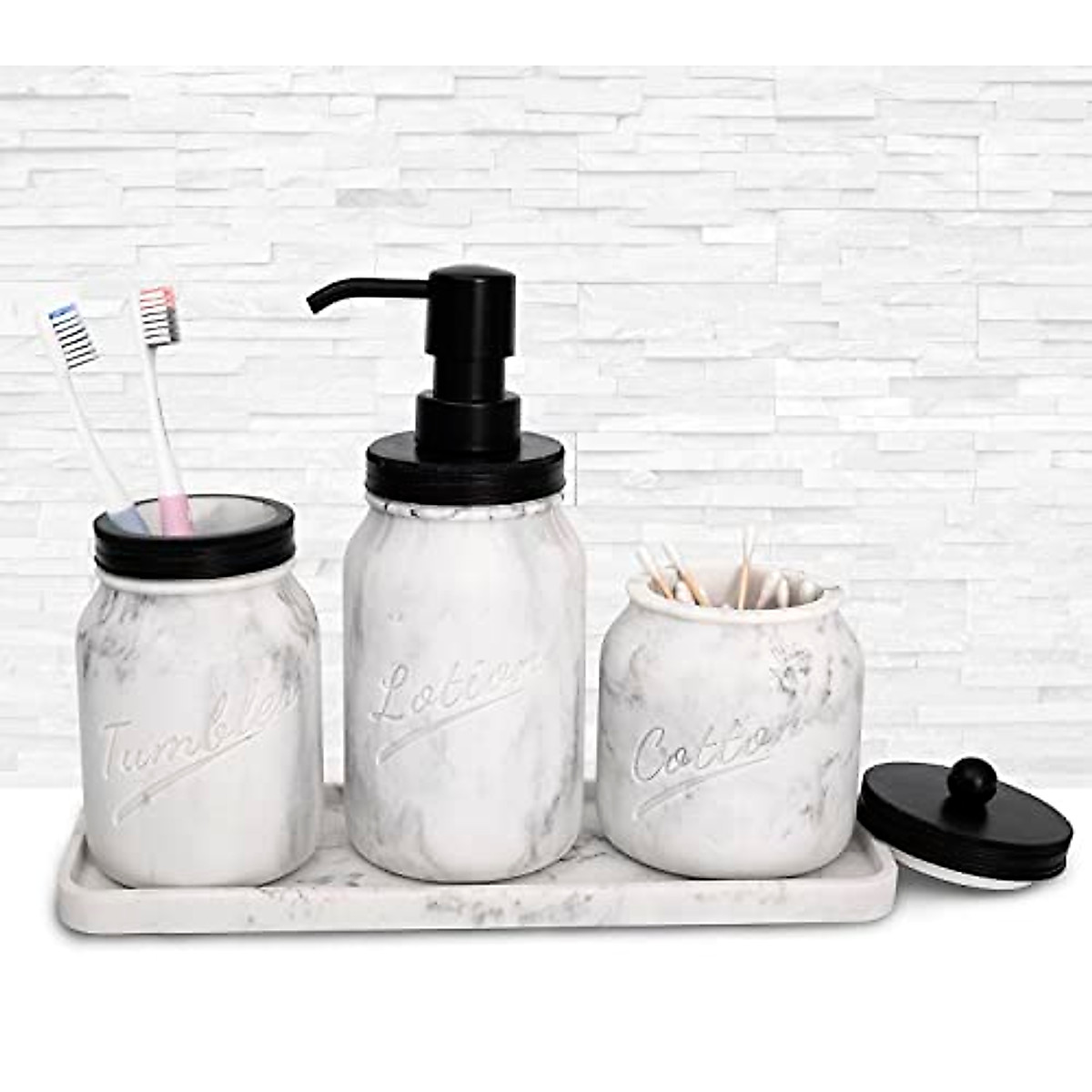 Artfrog Bathroom Accessory Set,Marble Bathroom Accessories,Mason Jar Bathroom Accessory Set, 4 Pcs Bathroom Accessory Set, Marble Look, Include Lotion Dispenser &Tumbler& Cotton Jar&Tray