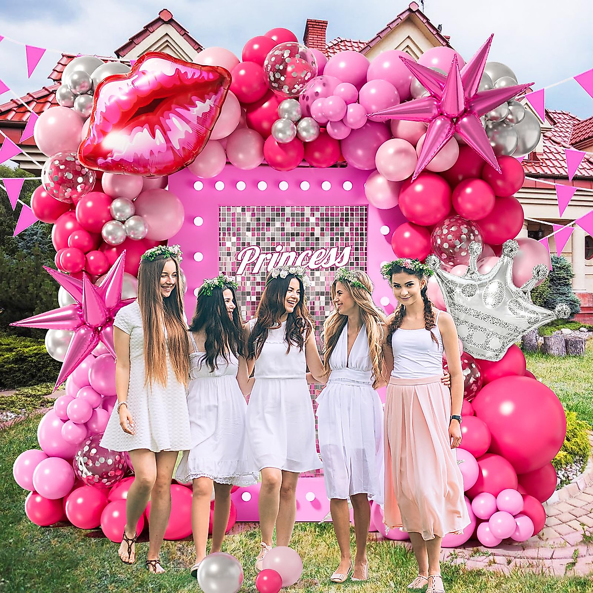 173PCS Princess Pink and Silver Balloon Garland Arch Kit with Explosion Star Silver Crown Balloon for Barbie Theme Birthday Party Decorations Baby Shower girl's Birthday Princess Party Decorations