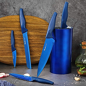 Wanbasion Kitchen Knife Set Block, Stainless Steel Kitchen Knife Set, Professional Kitchen Knife Set Block with Blue Titanium