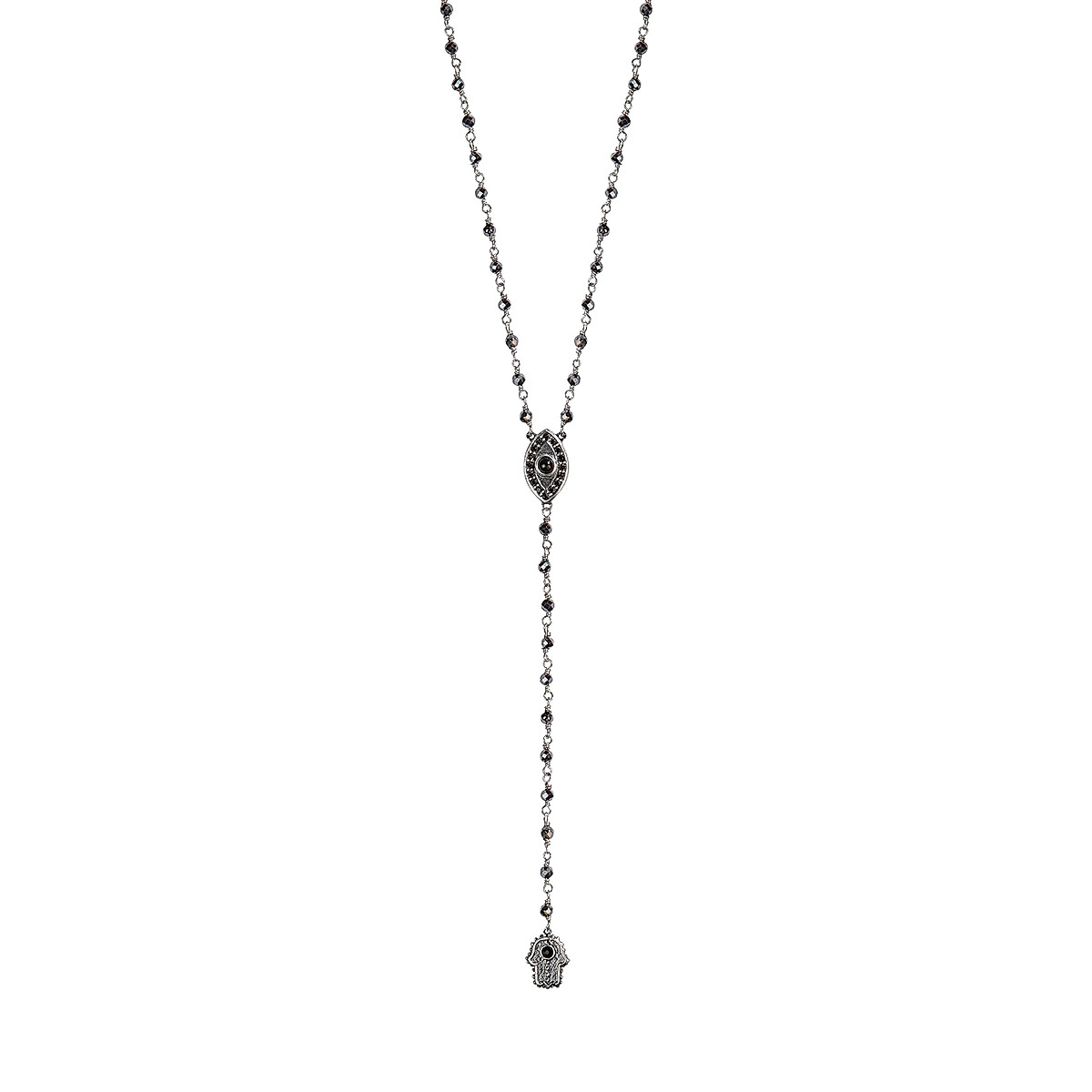 KARMA AND LUCK - Stand in Strength - Women's Real Hematite Stones 925 Sterling Silver Hamsa Evil Eye Lariat Gunmetal Plated 15" Rosary Necklace Handmade with Love in Bali