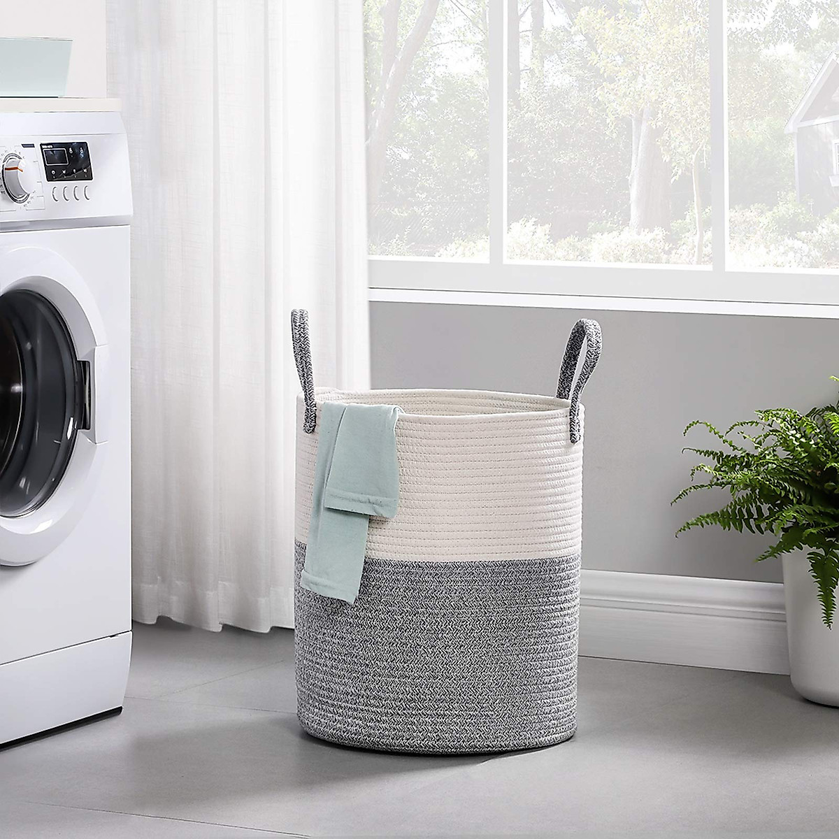 SONGMICS Woven Cotton Rope Basket, Toy Storage Bin with Handles, Blanket Storage for Pillows, Clothes in Living Room, Bedroom, Gray and Beige ULCB440G01