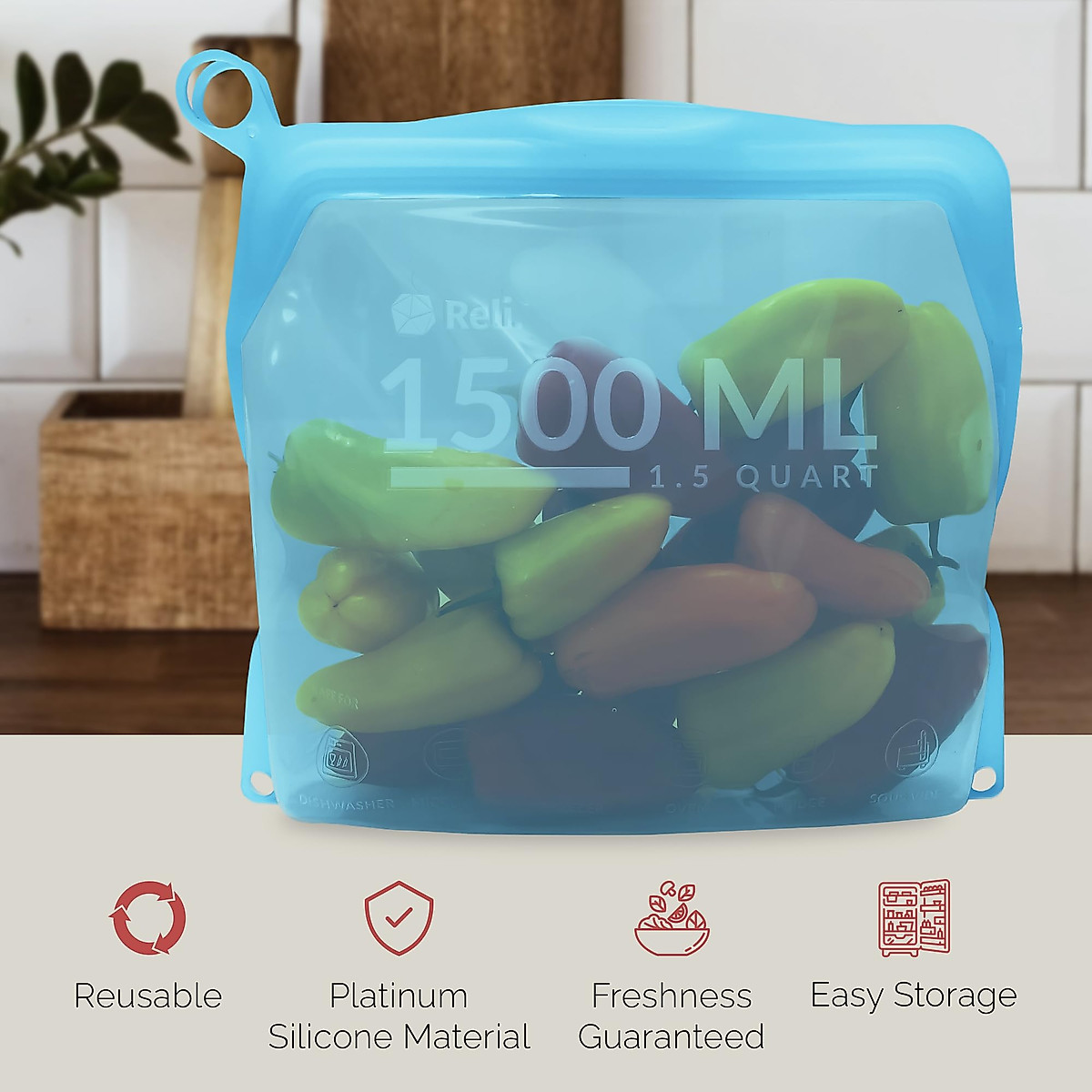 Reli. Reusable Silicone Bag (1 Pack) | Gallon (1500 ml), Aqua | Silicone Freezer Bags for Food Storage | Reusable Food Storage for Meal Prep | Dishwasher/Freezer Safe