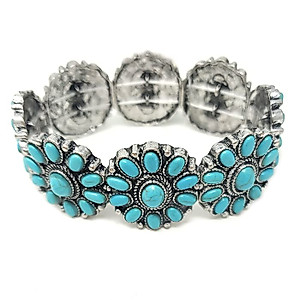 Emulily Western Concho Design Stretch Bracelet Navajo Squash Blossom (Turquoise)