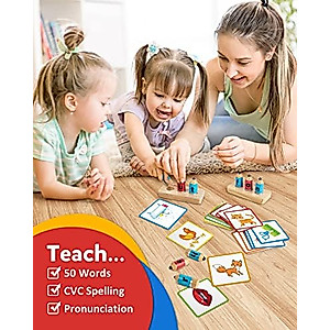 Coogam Wooden Short Vowel Spelling Games, Learn to Spell CVC Sight Words Educational Flashcards Fine Motor Montessori Alphabet Toy Gift for Kids 3 4 5 Years Old