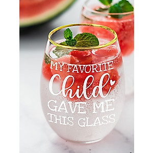 NICKANE 12oz Mom Wine Glass with Golden Rim, Gift Box as Christmas, Birthday Gifts for Mother, Step Mother - My Favorite Child Gave Me This Glass - Fun Mothers Day Gifts for Mom from Daughter, Son