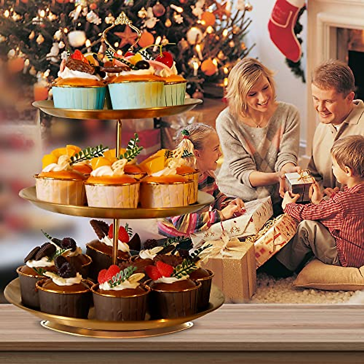 PUWWOT Gold Metal Tiered Cupcake Stand, Stainless Steel 3 Tier Cupcake Display Tower, Cake Stand, Pastry Dessert Holder for Baby Shower Birthday Party Wedding (Stainless Steel Golden)