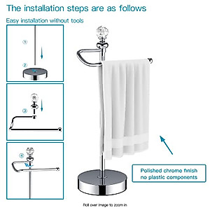 ROLABAM Heavy Weighted Hand Towel Holder(with Crystal Ball) Standing Hand Towel Holder Total Height 15.7'' for Kitchen,Bathroom,Vanity,Classic Decorative Metal Hand Towel Stand,Polished Chrome