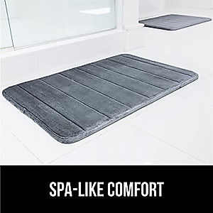 Gorilla Grip Thick Striped Memory Foam Bath Rugs, Soft Absorbent Velvet Bathroom Mats, Dots on Underside, Machine Washable Bathmat, Carpet Rug Room Décor for Shower Floor, 24x17 Mat, Gray