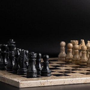Handmade Marble Chess Set -15x15 Inches- Full Handcrafted Chess Board and Pieces -Fossil Black