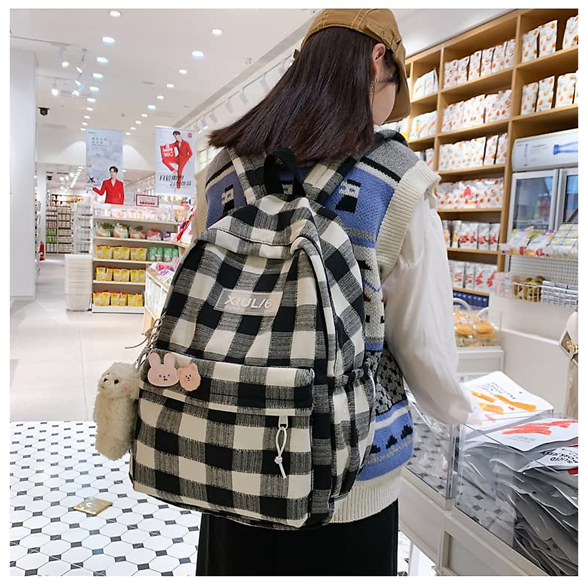 MININAI Plaid Backpack with Kawaii Pins and Pendant Cute Korean Preppy Aesthetic Book Bag Casual Daypack Fit 15.6 Inch Laptop (One Size,Black)