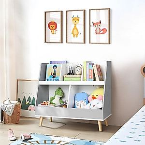 Cowiewie Nursery Bookshelf for Kids, Kids Bookshelf and Toy Storage Organizer, Wooden 5 Cubbies, Open Bookcase with Display, 2-Tier Freestanding Cabinet for Baby Room-White & Grey