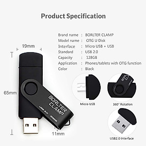 BorlterClamp 128GB USB Flash Drive Dual Port Memory Stick, OTG Thumb Drive with Micro USB Drive Port for Android Smartphone Tablet & Computer (Black)
