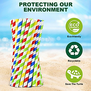 [10mm Wide] 8.5 inch Colossal Paper Straws for Smoothie & Milkshake - Colorful Stripes (Pack of 100)