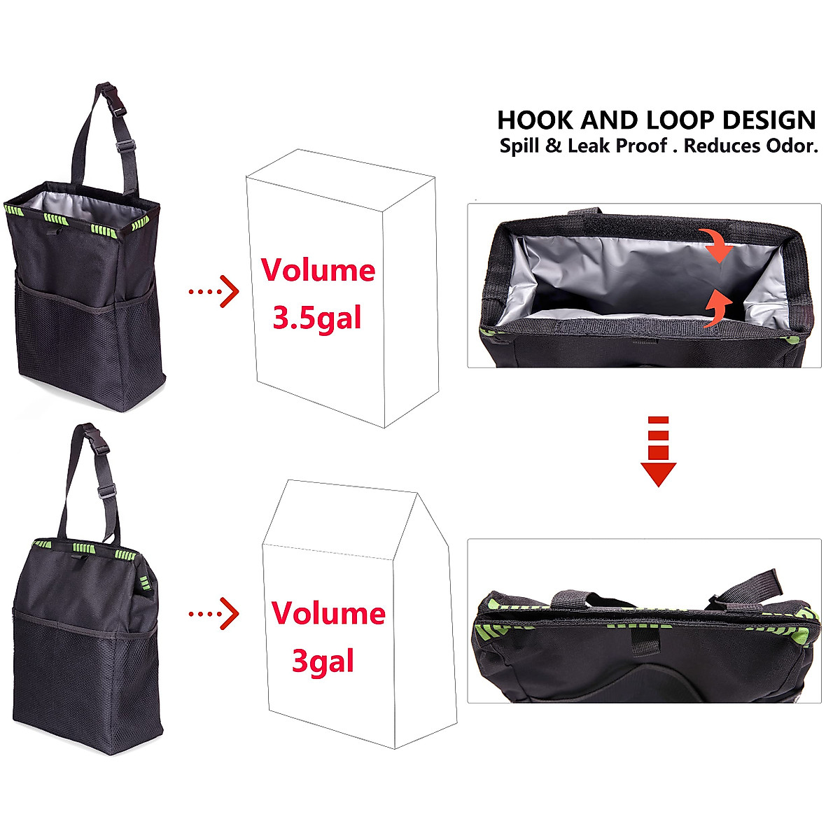 Ginsco 3.5 Gallons Large Capacity Hanging Car Trash Bag, Reusable Car Trash Can, Leakproof Car Garbage Bag, Foldable Waterproof Car Organizer Cooler with 4 Pockets for Camping Traveling