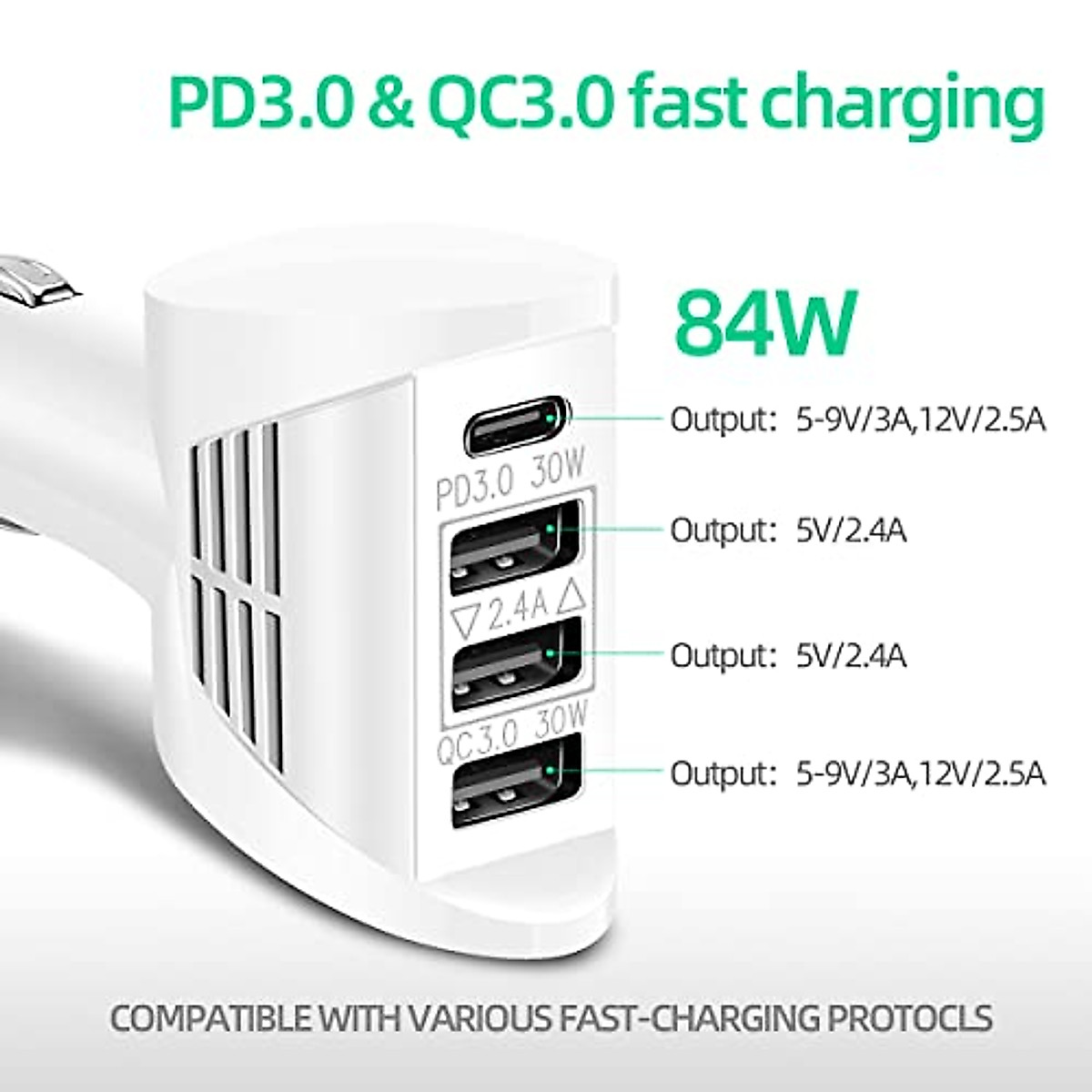 USB C Car Charger Adapter 84W, 4 USB Ports Fast Car Charger, PD3.0 QC3.0 Car Phone Charger Fast Charging Compatible with iPhone 13 12 11 Pro Max iPad, Samsung Galaxy S22/Note 20, Tablet, Pixel, LG.