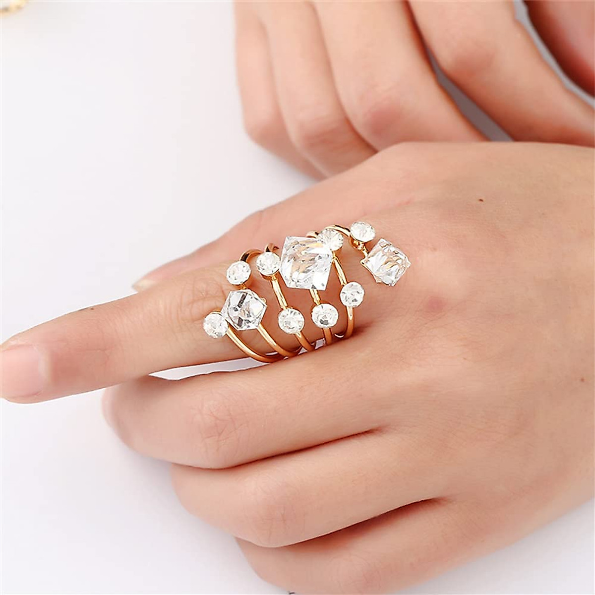 Layered Rhinestone Statement Ring for Women Girls Gold Plated Fashion Round Cube Crystal Adjustable Wide Wrap Finger Rings Shiny Act Deco Christmas Birthday Wedding Party Jewelry Gift Size7-8 (Clear)