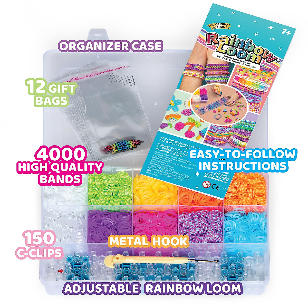 Rainbow Loom® Combo Set, Features 4000+ Colorful Rubber Bands, 2 Step-by-Step Bracelet Instructions, Organizer Case, Great Gift for Kids 7+ to Promote Fine Motor Skills