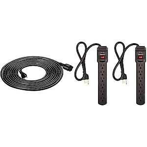 Amazon Basics Extension Cord - 20 feet - US - Black & 6-Outlet Surge Protector Power Strip 2-Pack, 200 Joule - Black