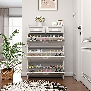 HANLIVES Shoe Cabinet for Entryway, White Narrow Shoe Storage Organizer with 3 Doors 2 Drawers,Flip Down Shoe Rack Wood 4 Tier Shoe Storage Cabinet for Hallway, Living Room,Home and Apartment