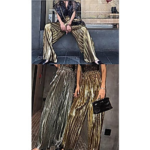 heipeiwa Women's Shiny Pleated Wide Leg Pants Party Nightout High Elastic Waist Trouser Outfit Clubwear Silver