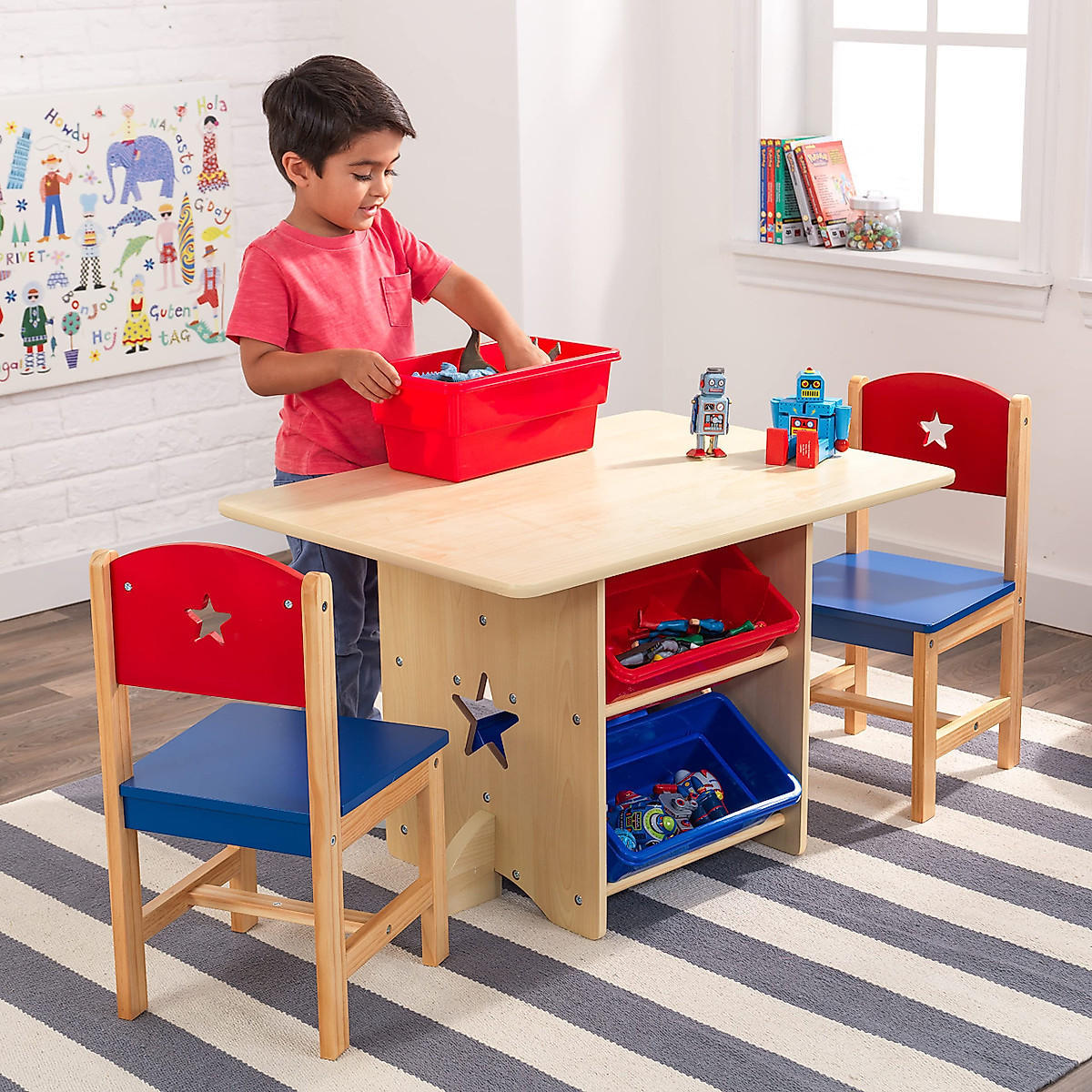 KidKraft Wooden Star Table & Chair Set with 4 Storage Bins, Children's Furniture – Red, Blue & Natural