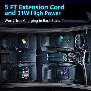 Car Charger,5 Multi USB Car Charger Adapter, Car Charger for Smart Device,Cigarette Lighter Adapter USB Charger with 5FT/1.5M Cable for Front and Back Seat