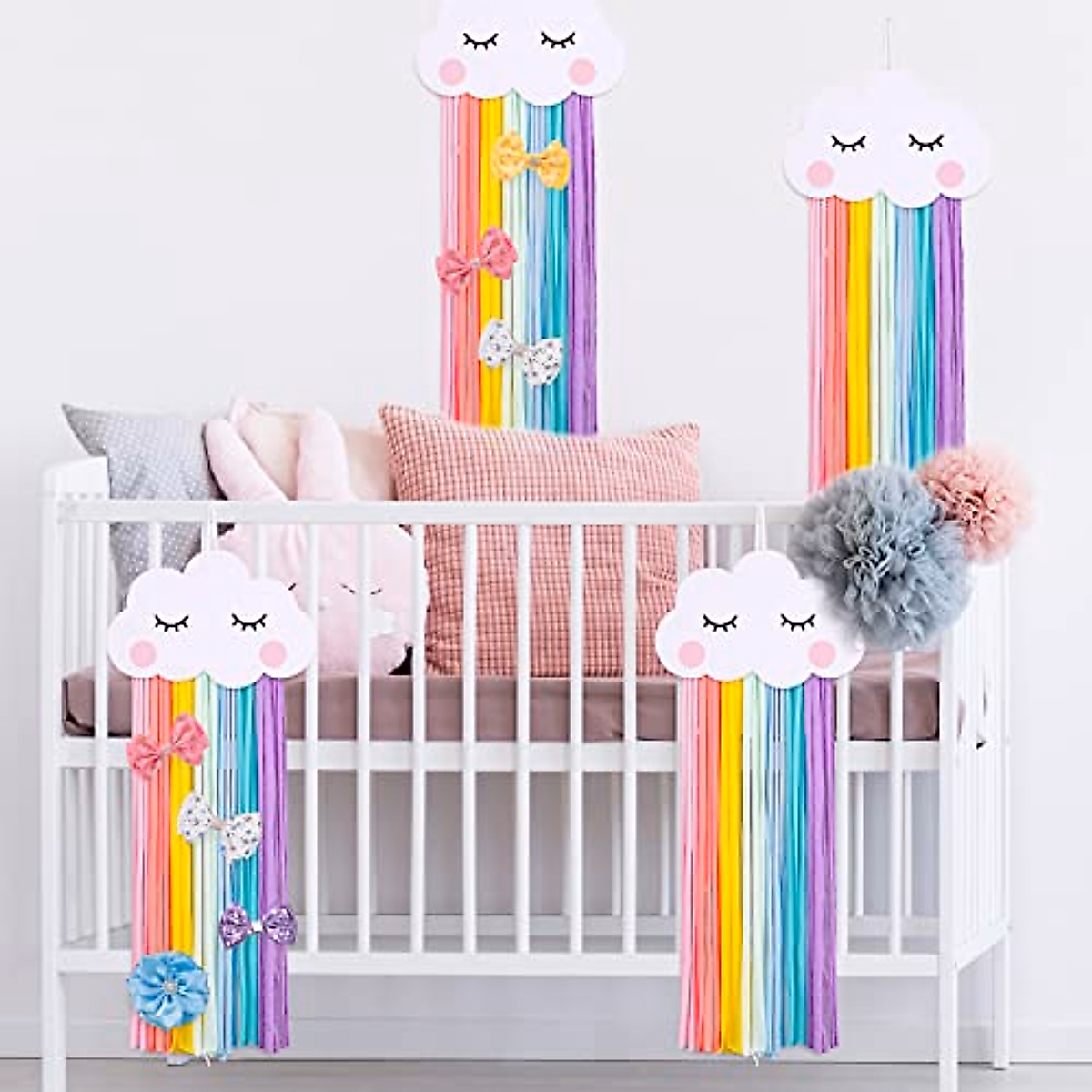 Whaline Rainbow Hair Bow Holder Hanging Hair Clip Organizer Hairpins Hanger Wood Cloud Rainbow Tassel Hair Accessories Storage Wall Hanger for Girl Women Room Decoration