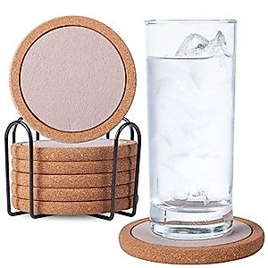 Drink Coasters with Holder, Absorbent Coaster, (6 Pack), Cork Felt Coasters, Coasters for Table Protection, Round Thick Coasters for Drinks, Glasses, Cups, Bar, Housewarming Gift, Beige.