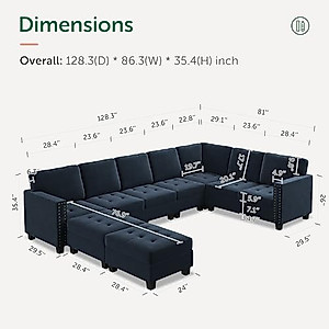 HONBAY Velvet Convertible Sectional Sofa with Storage Ottoman Oversized U Shaped Couch with Reversible Chaise Corner Sectional Sofa, Dark Blue
