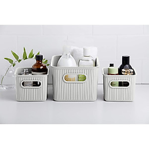 Superio Ribbed Collection - Decorative Plastic Open Home Storage Bins Organizer Baskets, White (Set of 3) 1 Medium, 2 Small - Container Boxes for Organizing Closet Shelves Drawer Shelf