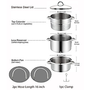 Cook N Home Basics Canning Juice Steamer Extractor With water/cooking pan, juice pan, strainer/loading pan, lid, and hose with clamp , 11-Quart, Mirror Satin, Stainless Steel